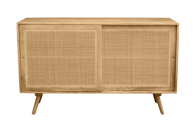 Credenza in legno massello di mango e motivo a intreccio in rattan 2 ante scorrevoli L135 cm ...