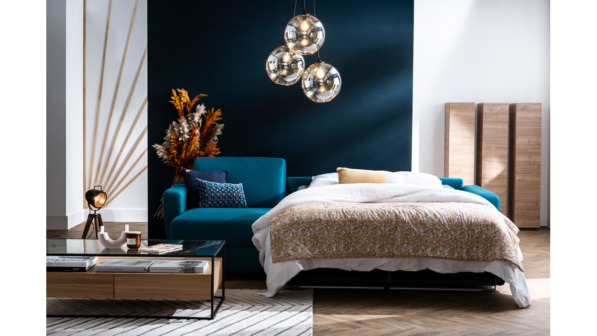 Divano letto angolare e reversibile con contenitore blu anatra GRAHAM ...